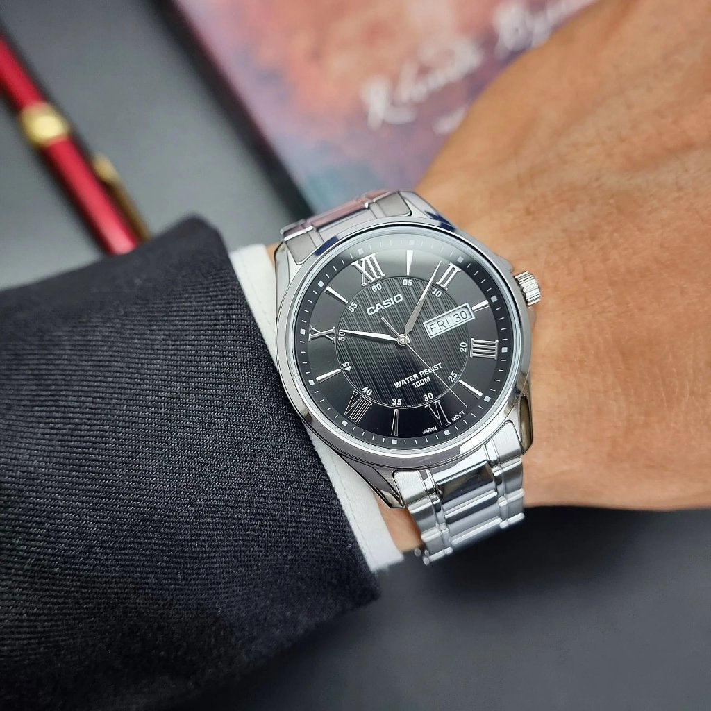 Casio Day Date 41mm Silver Men's Black Analogue Watch MTP-1384D-1AVDF ...