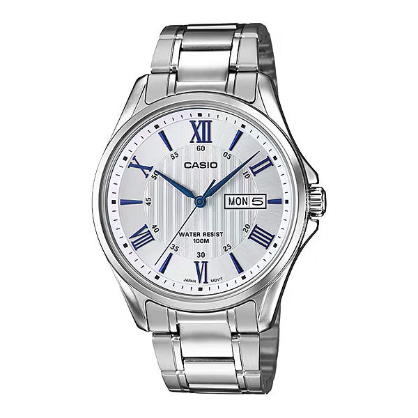Casio Day Date 41mm Silver Men's Silver Analogue Watch MTP-1384D-7A2VDF ...