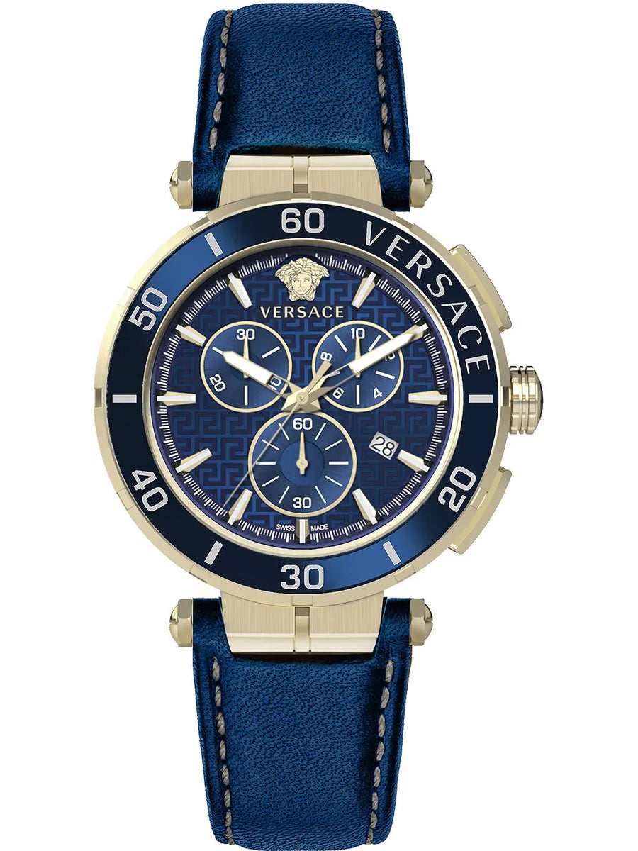 Versace Men's Watch 45mm Greca Chronograph Blue Gold – Watches & Crystals
