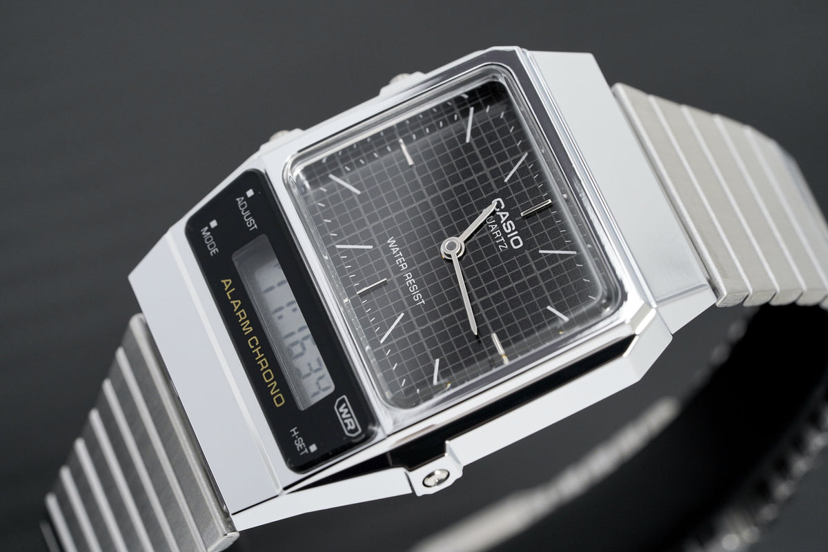 Casio Watch Vintage Dual Time Black Steel Flat Link AQ-800E-1ADF ...